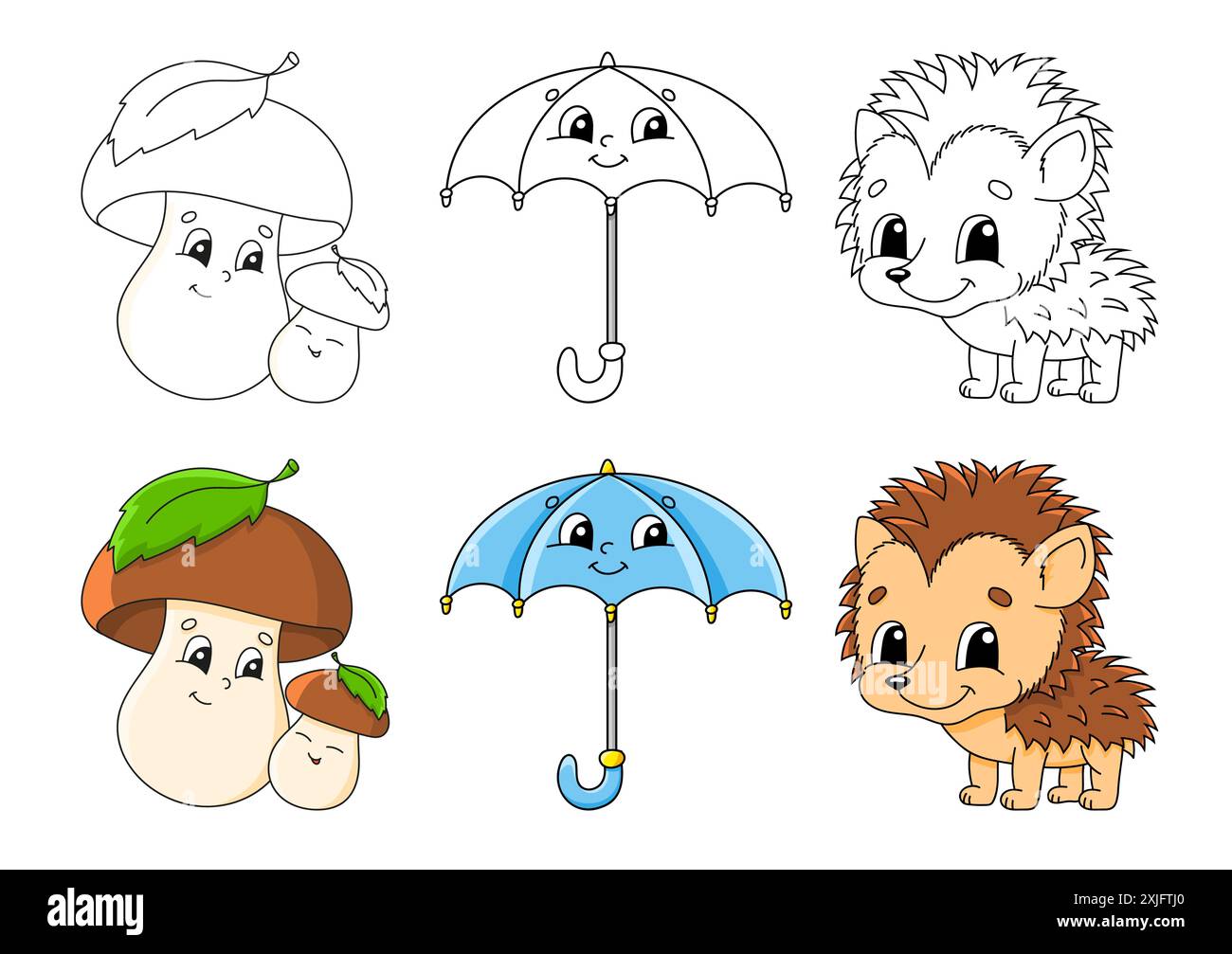 Set of color stickers for kids. cartoon characters. Black stroke ...