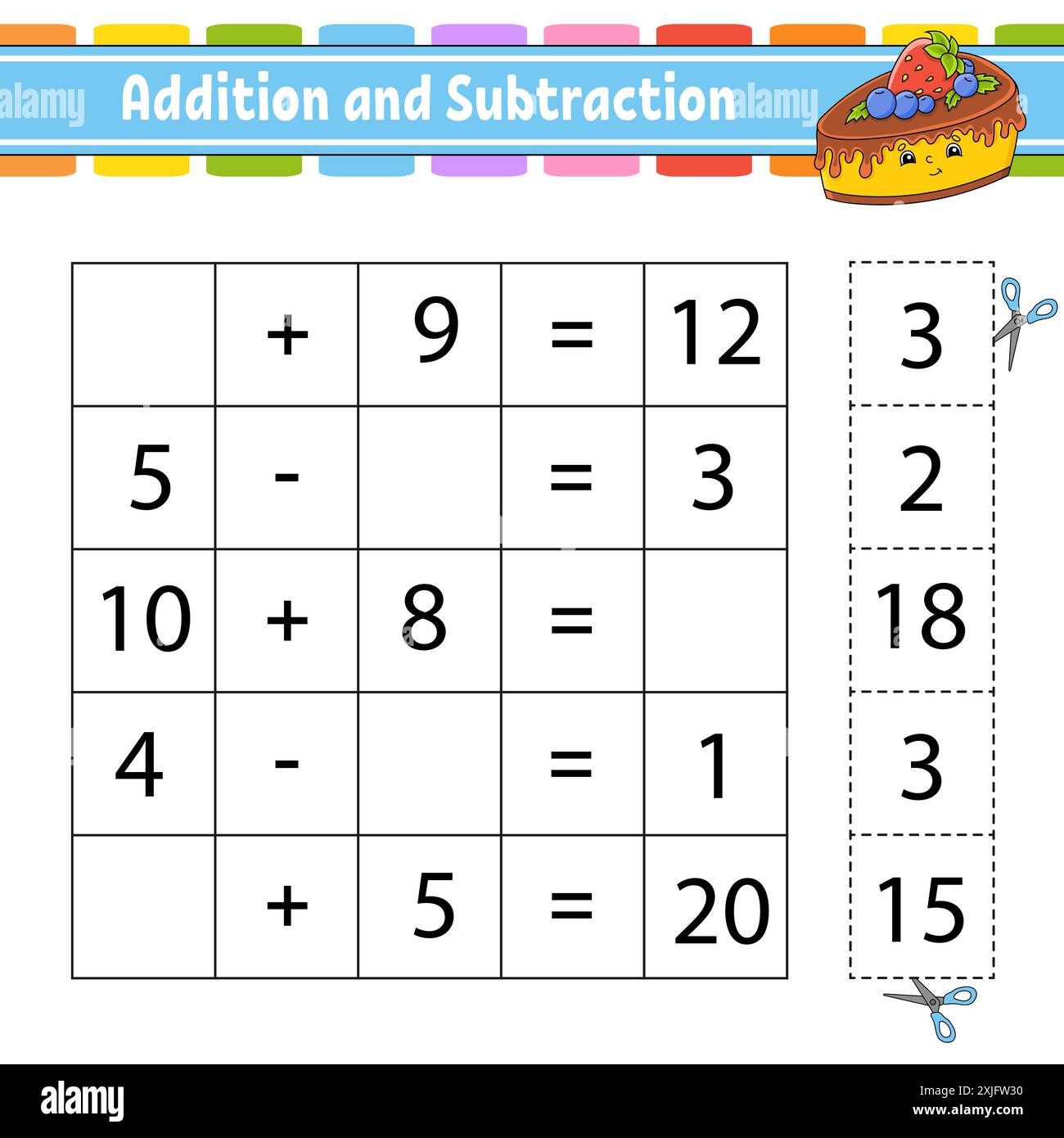 Addition and subtraction. Task for kids. Cut and paste. Education ...