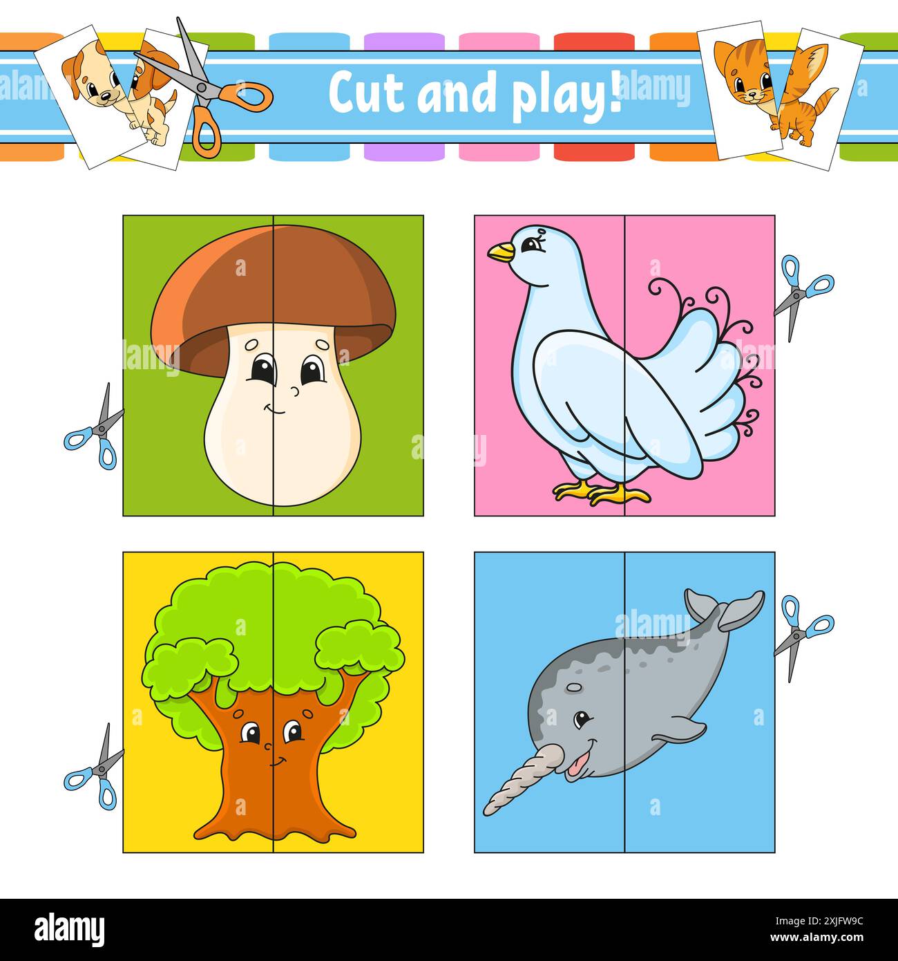 Cut and play. Flash cards. Color puzzle. Education developing worksheet ...