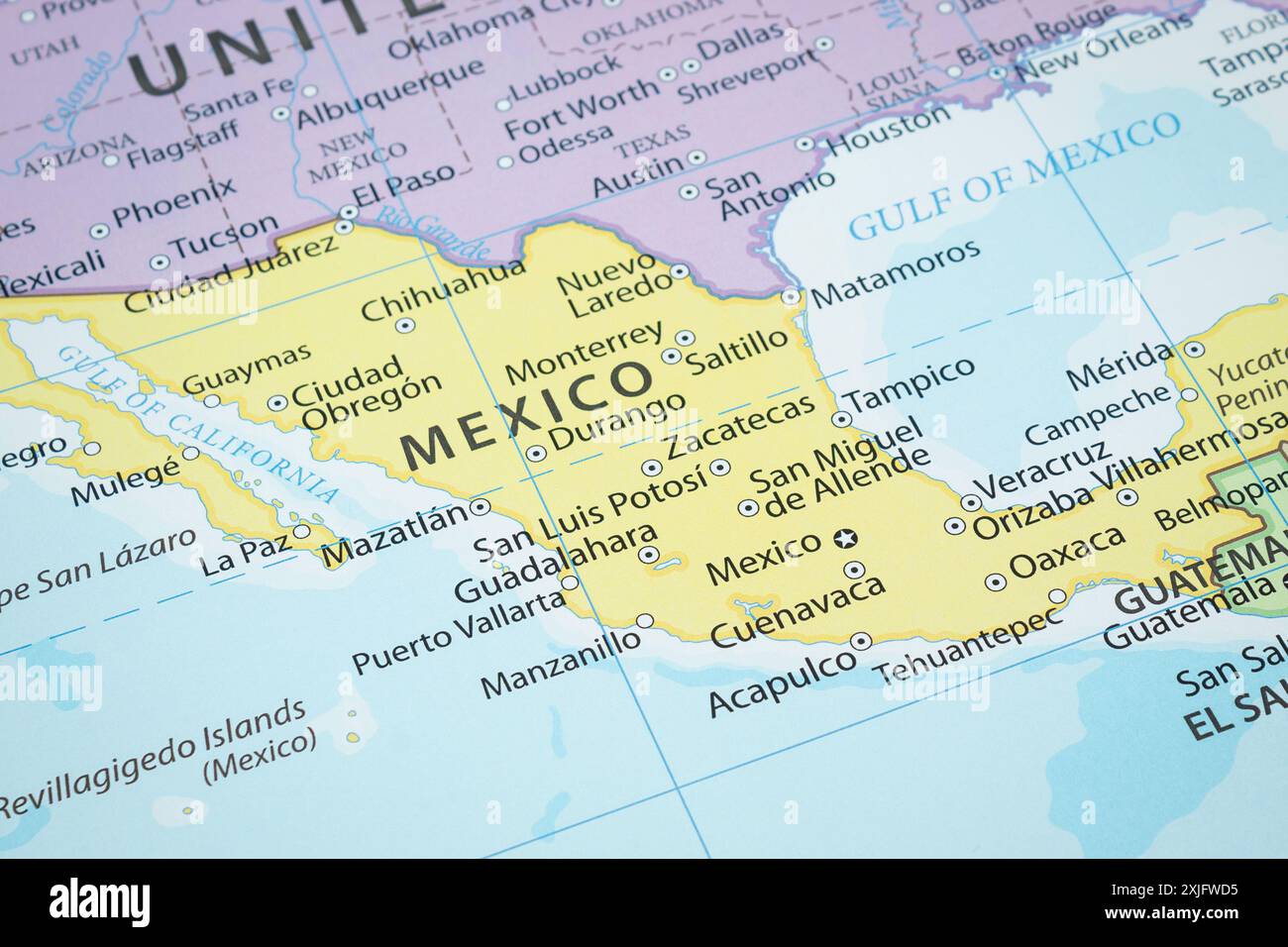 Close up to a Mexico political map with country frontiers and most ...