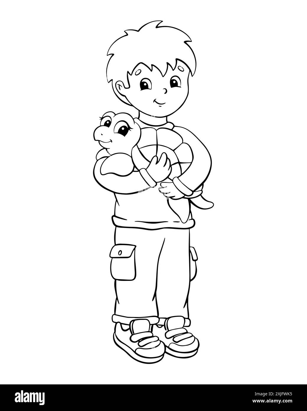 A little boy is holding a turtle. Coloring page for kids. Digital stamp ...