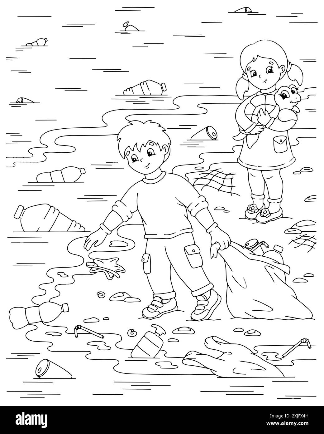 Children clean up the ocean coast from garbage. The problem of ecology ...