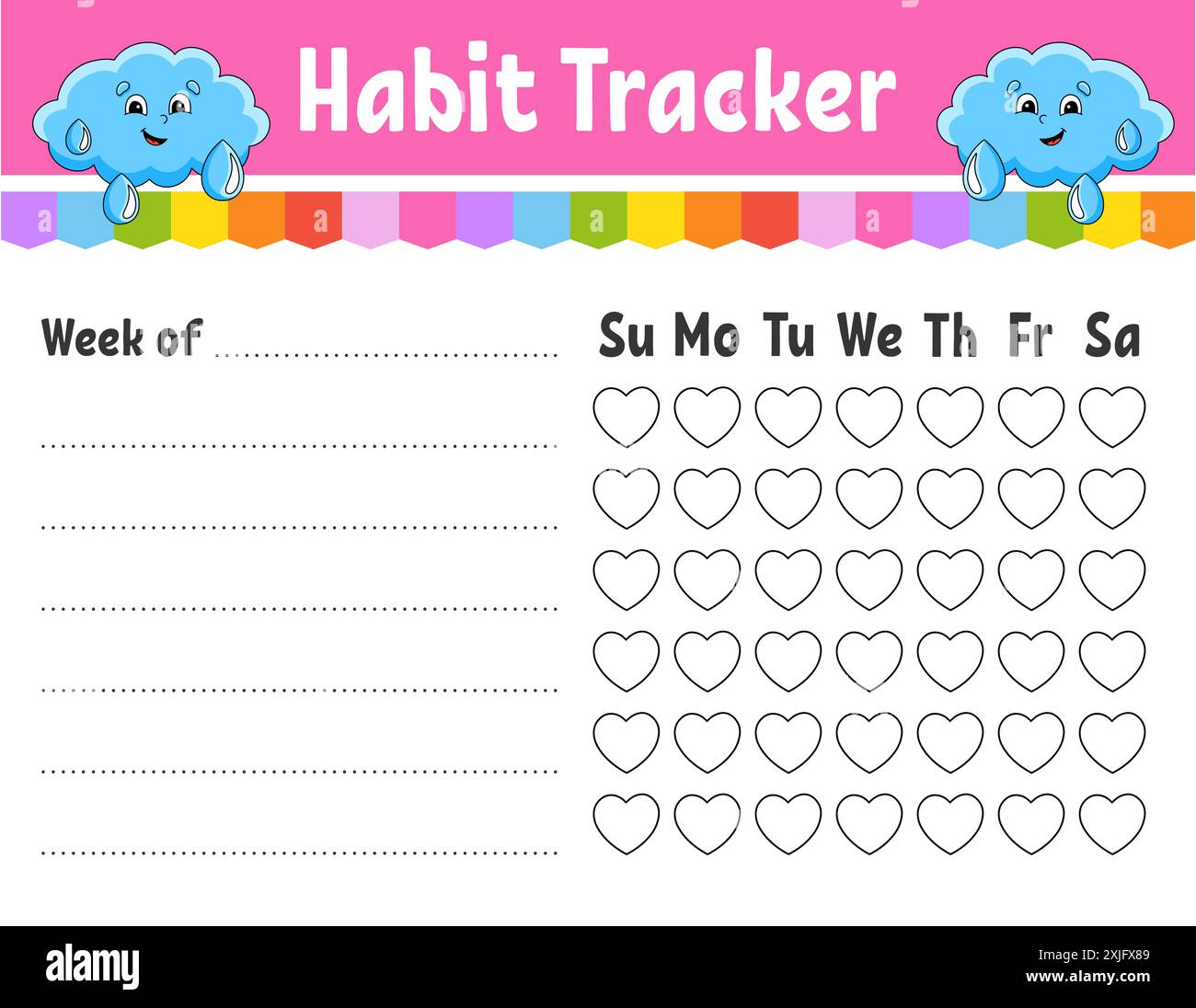 Habit tracker for kids. Sheet template for printing. With cute ...