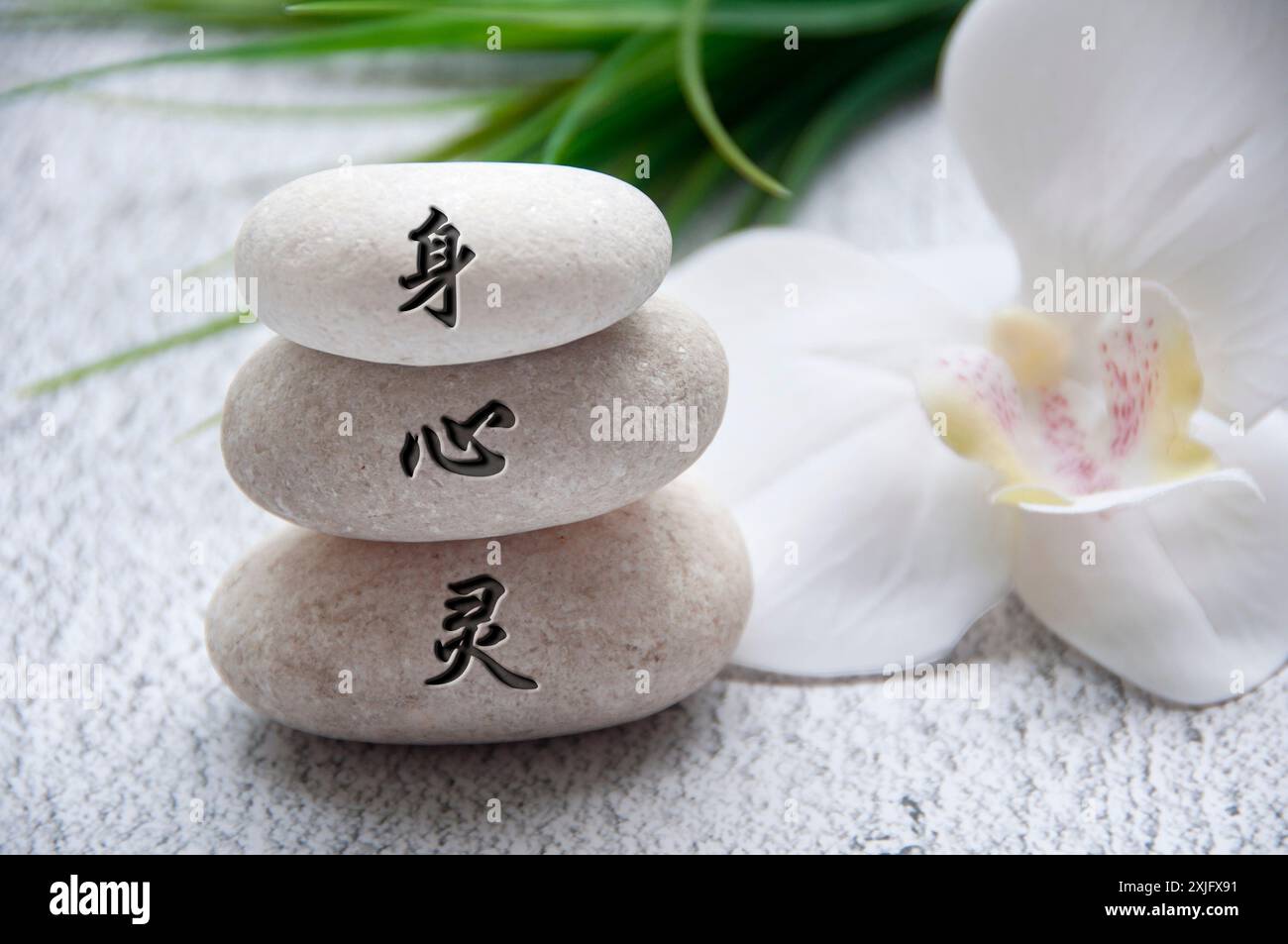 Chinese character representing body, mind and spirit text engraved on ...