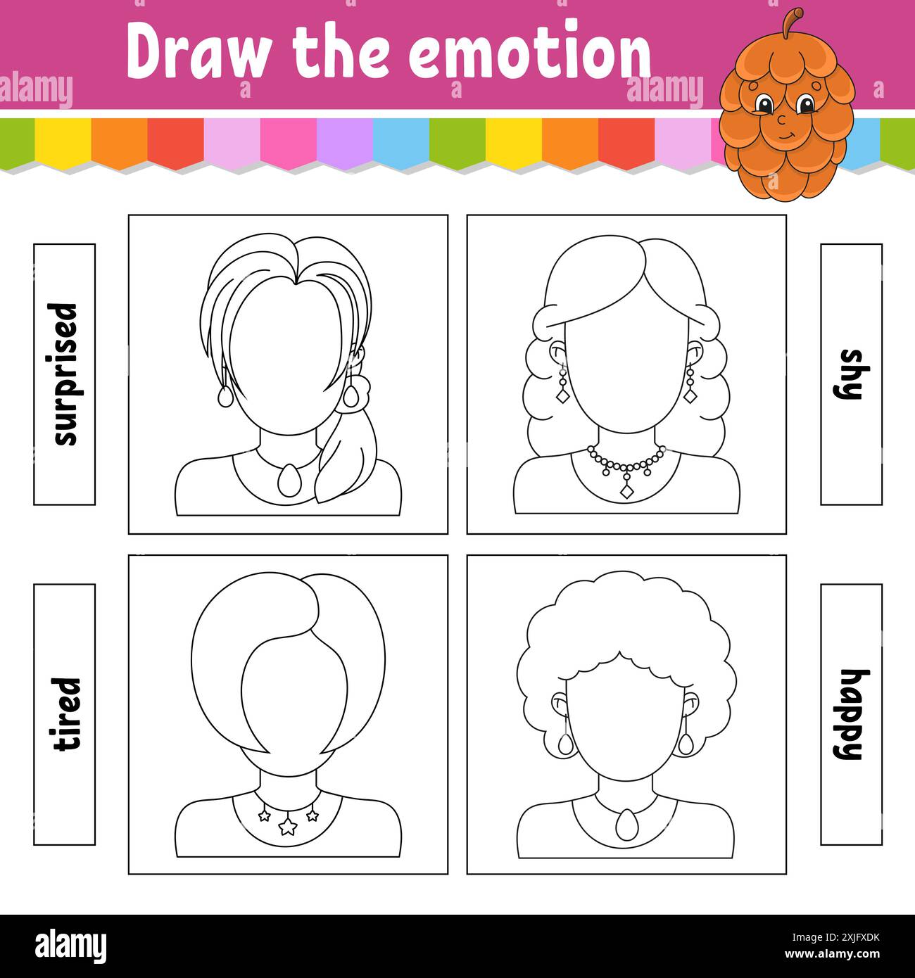 Draw the emotion. Worksheet complete the face. Coloring book for kids ...