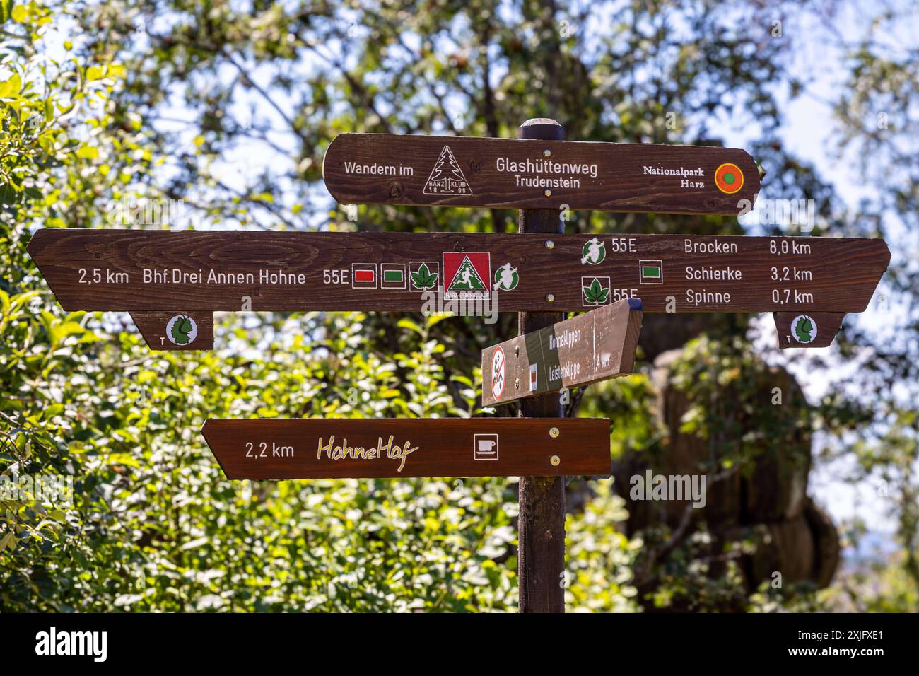 Harz, Deutschland 15. Juli 2024: Im Bild: Wanderwegweiser am Brocken ...
