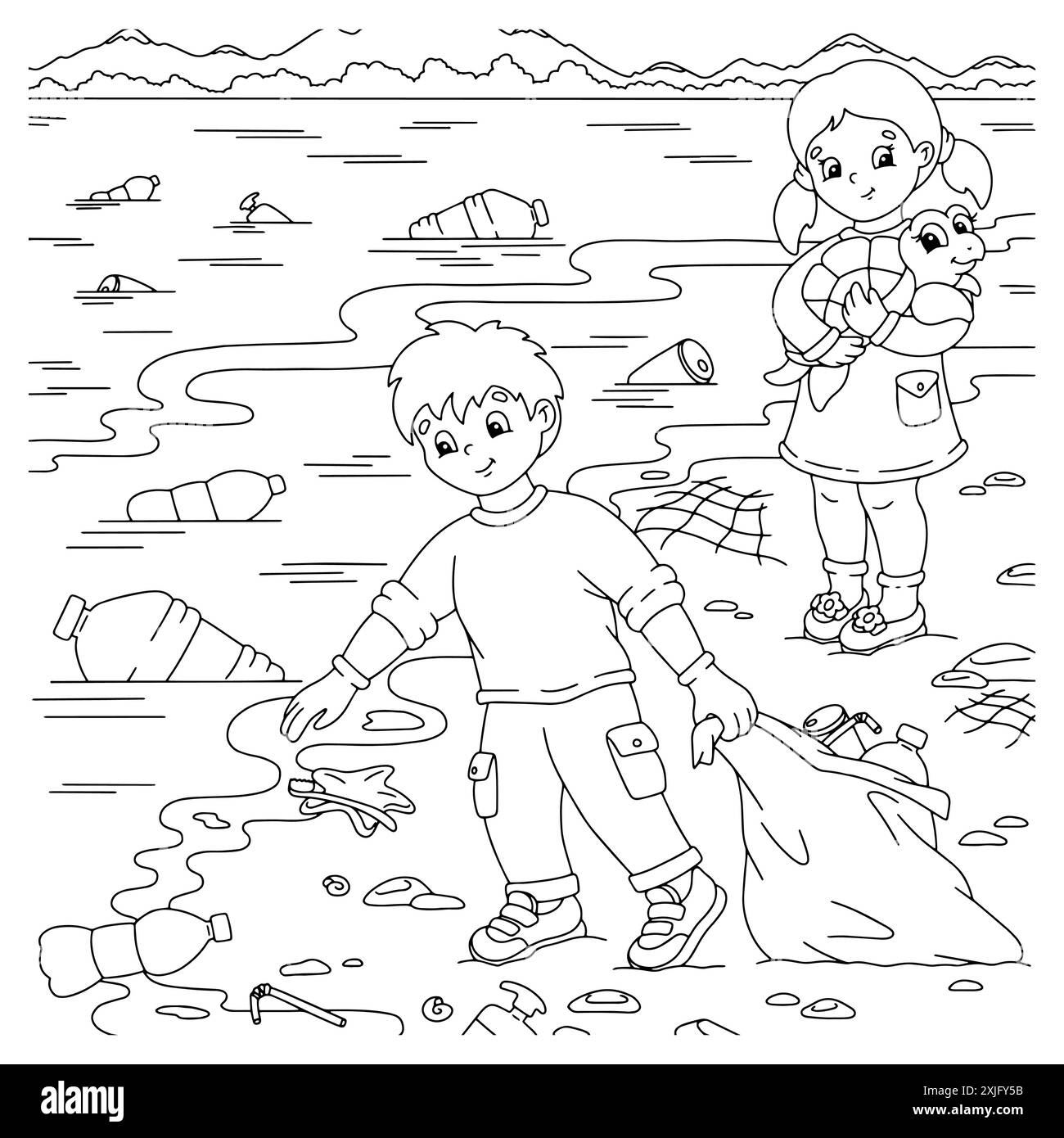 Children clean up the ocean coast from garbage. The problem of ecology ...