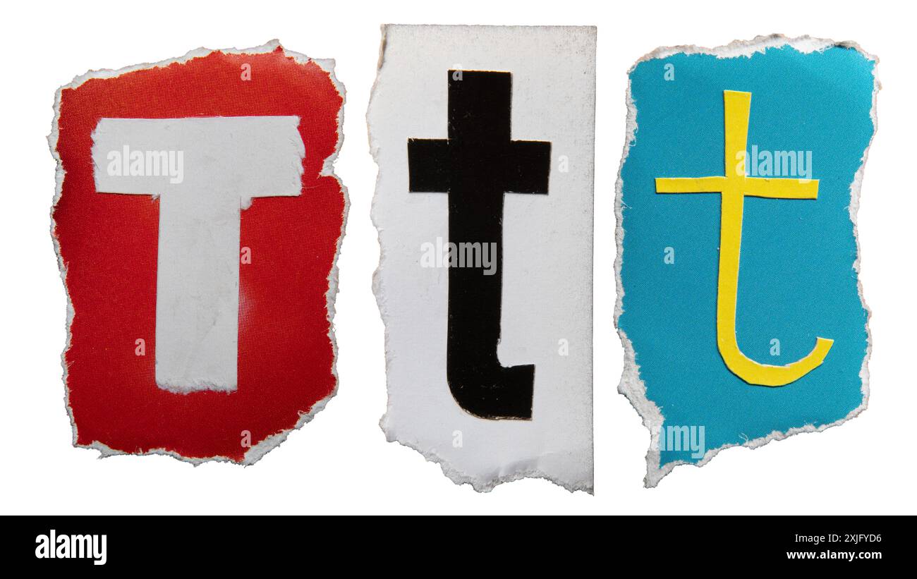 T alphabet torn from a magazine paper on white background with clipping ...