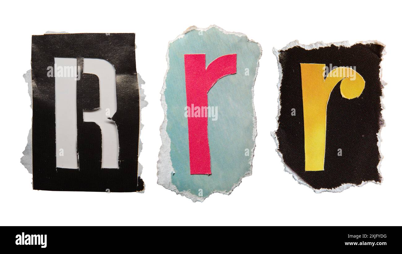 R alphabet torn from a magazine paper on white background with clipping ...