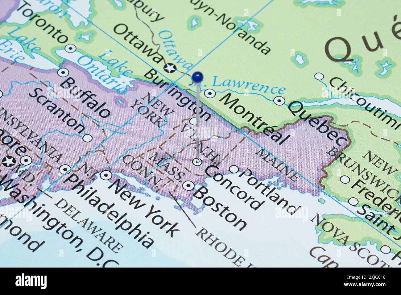 Close up to a Concord city with a blue pin needle into United States of ...