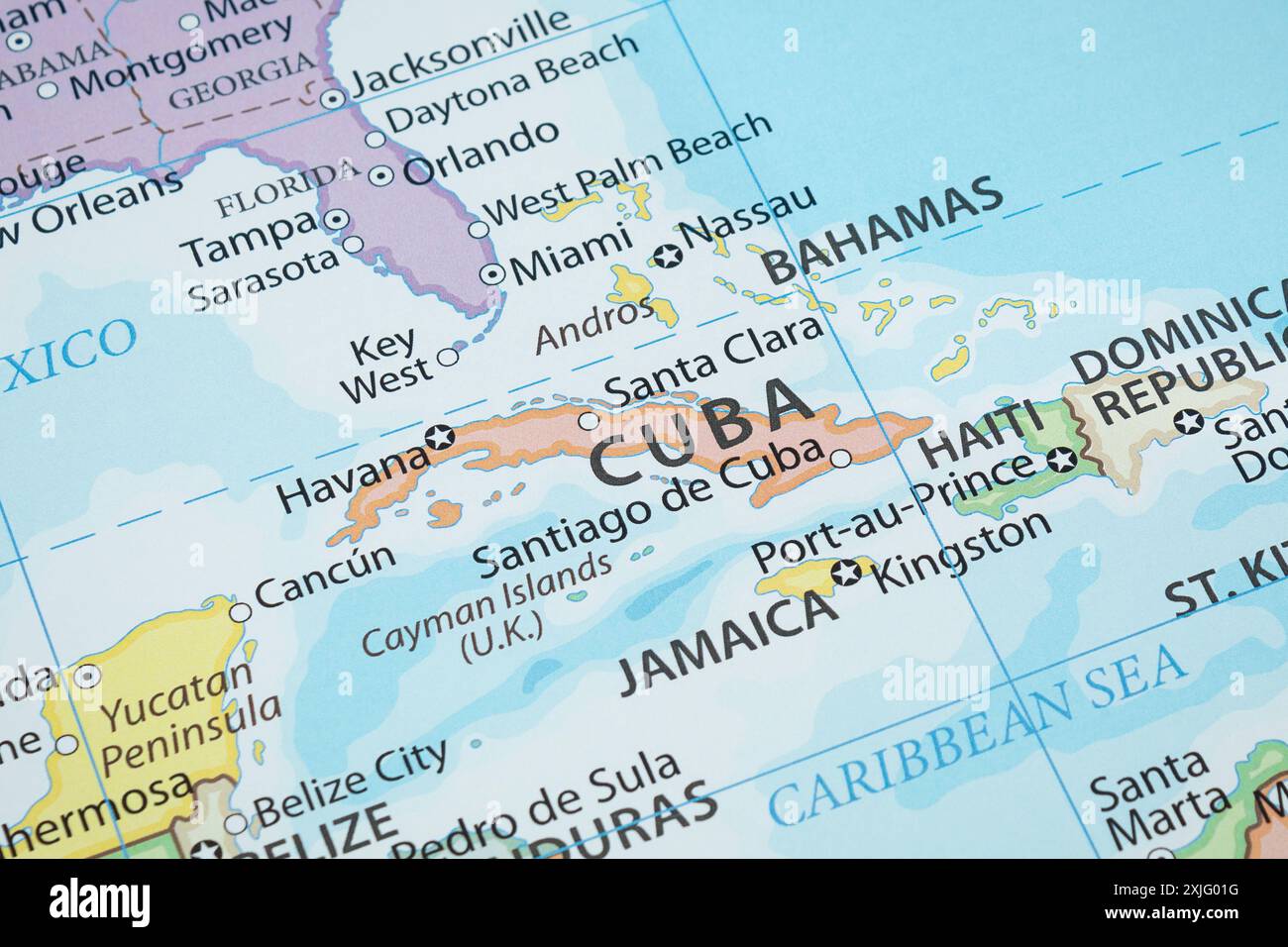 Close up to a Cuba political map with country frontiers and most ...