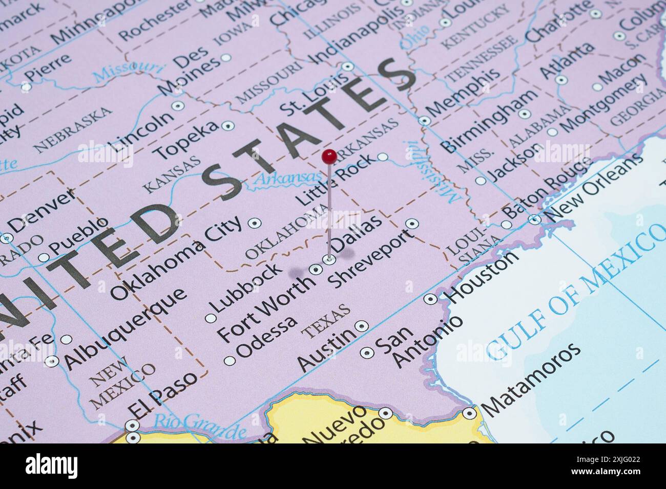 Close up to a Dallas city with a red pin needle into United States of ...