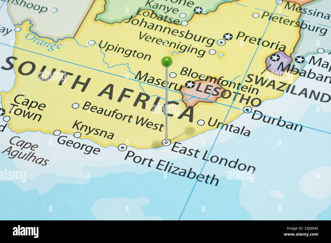 Close up to a East London city with a green pin needle into South ...