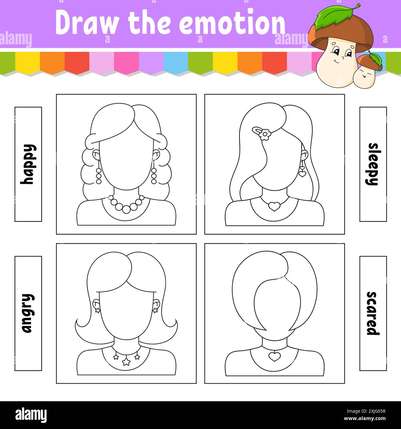 Draw the emotion. Worksheet complete the face. Coloring book for kids ...