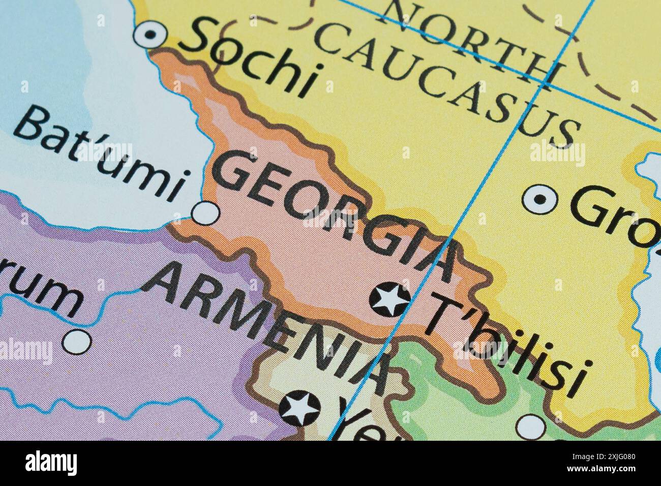 Close up to a Georgia political map with country frontiers and most ...