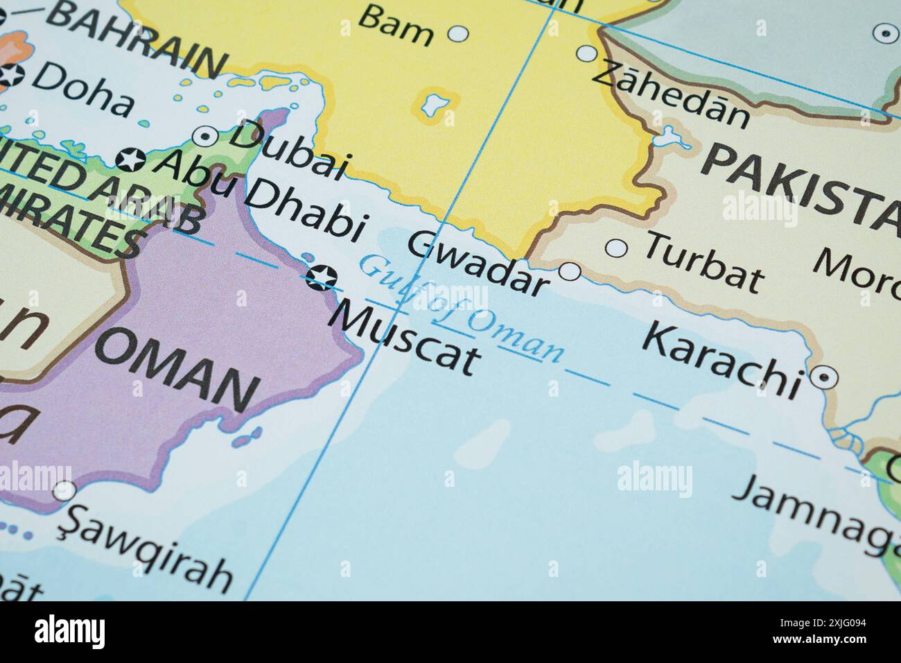 Close up to a Gulf of Oman sea region in middle east political map with ...