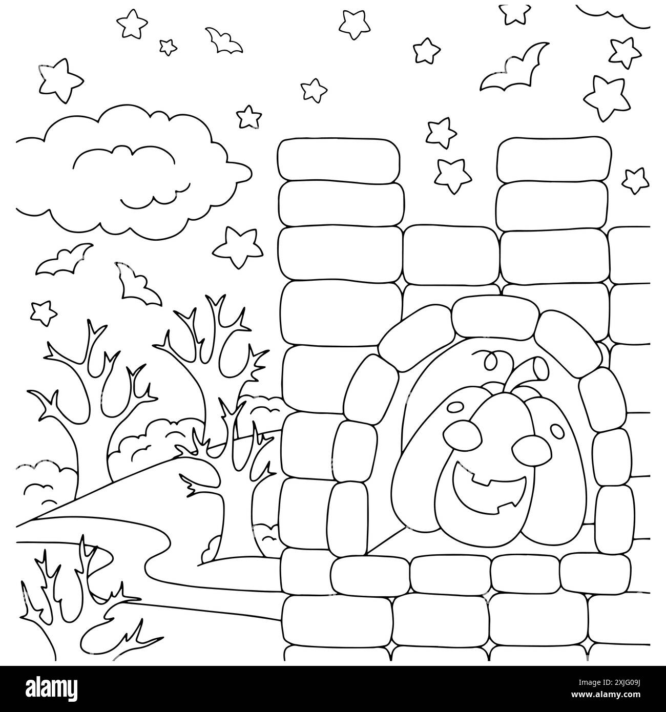 The pumpkin looks out of the castle window. Coloring book page for kids ...