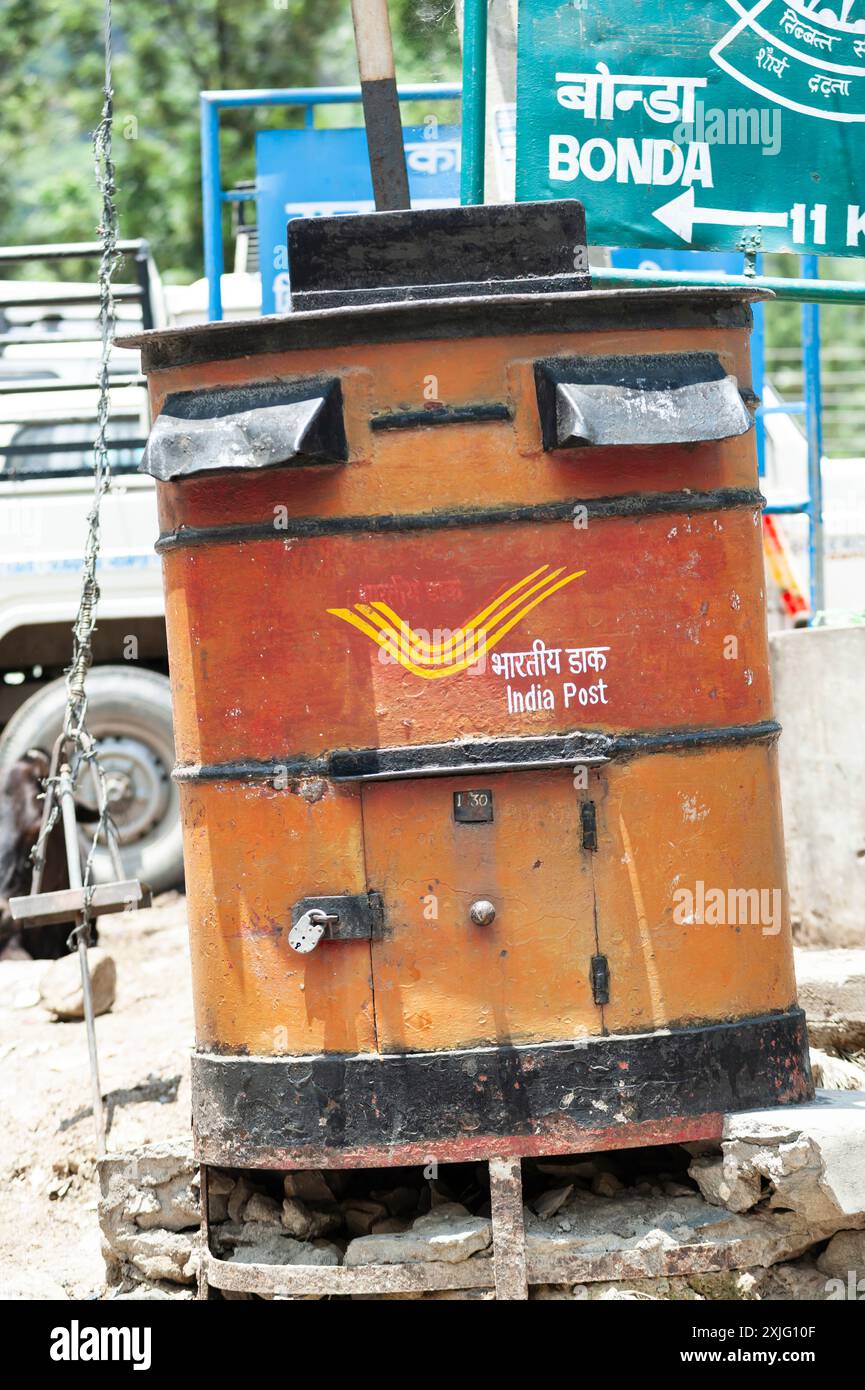 Old Red Orange postboxes or letter box outside in the streets, Himachal ...