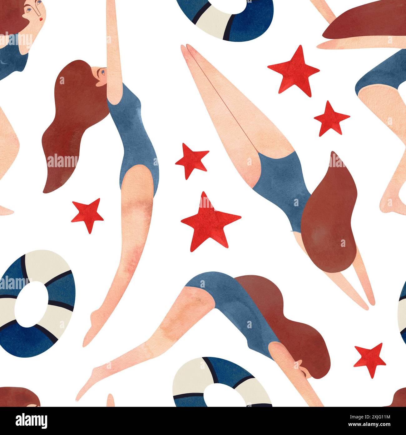 Seamless pattern with floating women in vintage style. Swimming ...