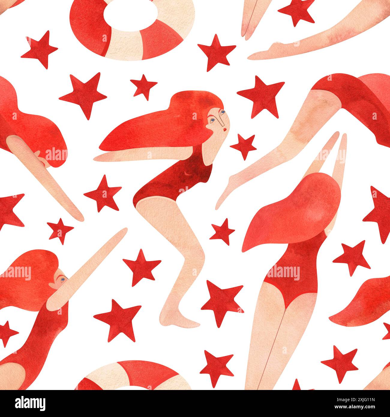 Seamless pattern with floating women in vintage style. Swimming ...