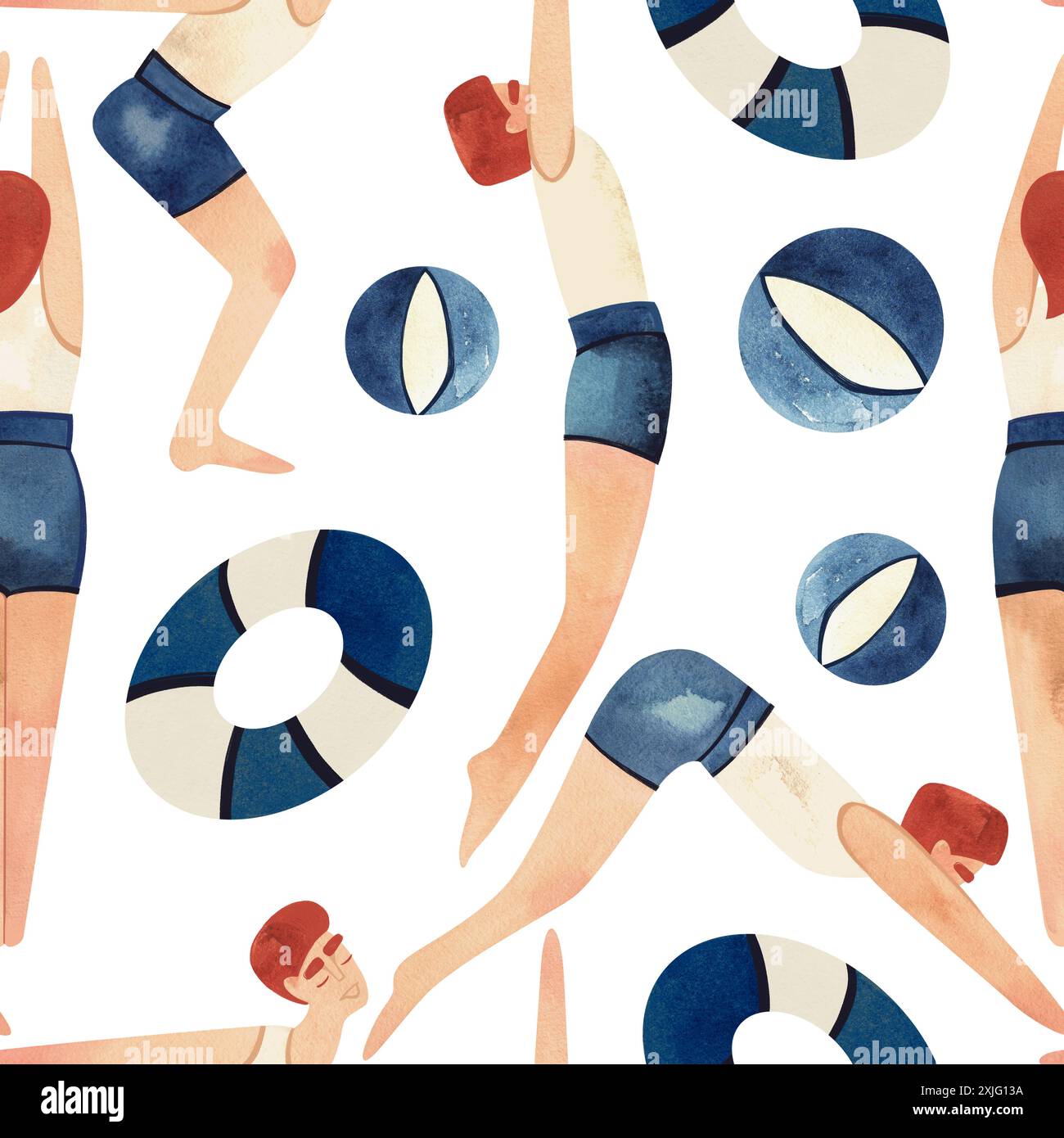 Seamless pattern with floating men in vintage style. Swimming ...