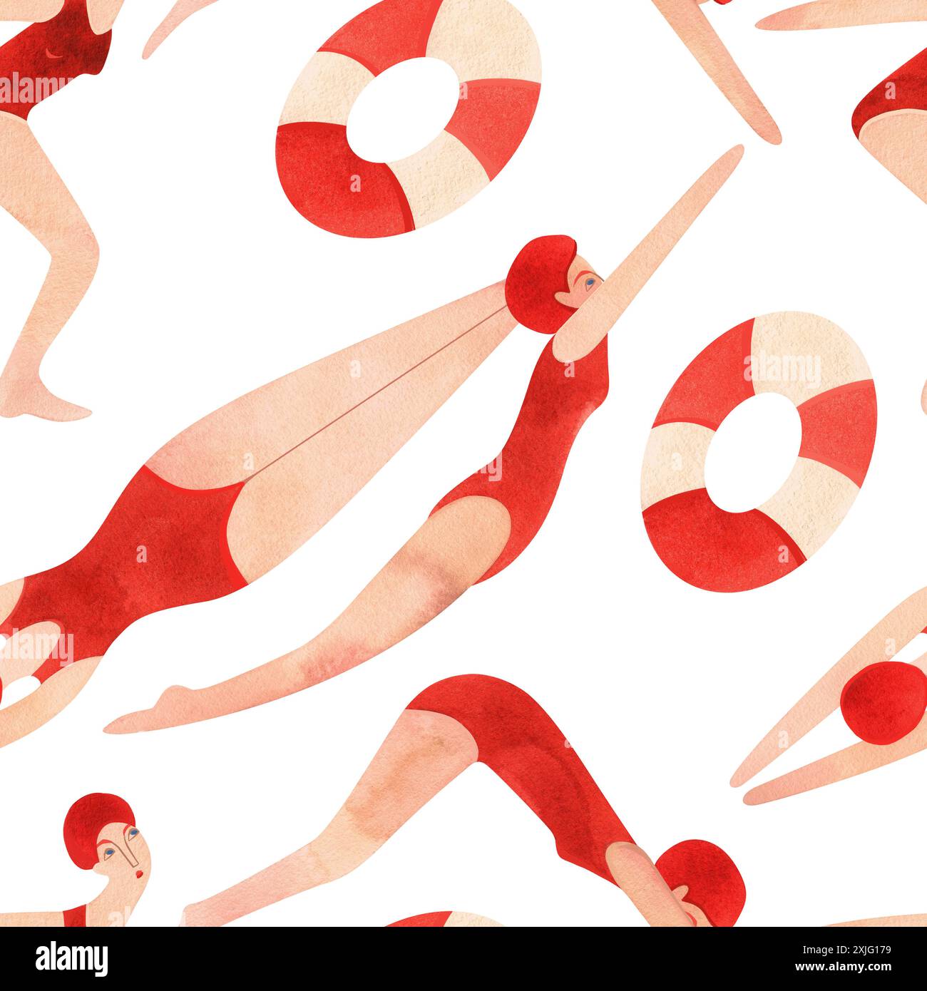 An athlete, a woman in a red swimsuit and a red cap is swimming ...