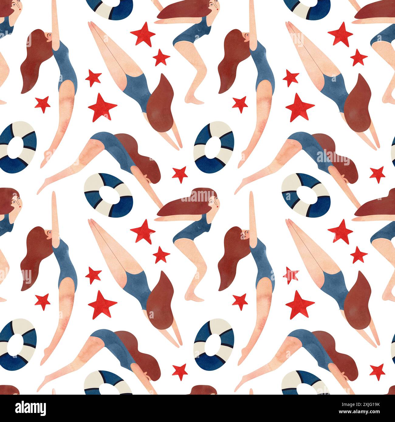 Seamless pattern with floating women in vintage style. Swimming ...