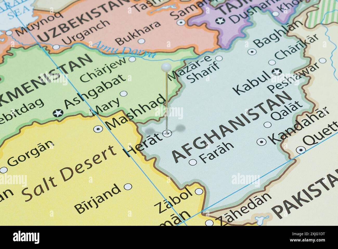 Close up to a Herat city with a white pin needle into Afghanistan ...