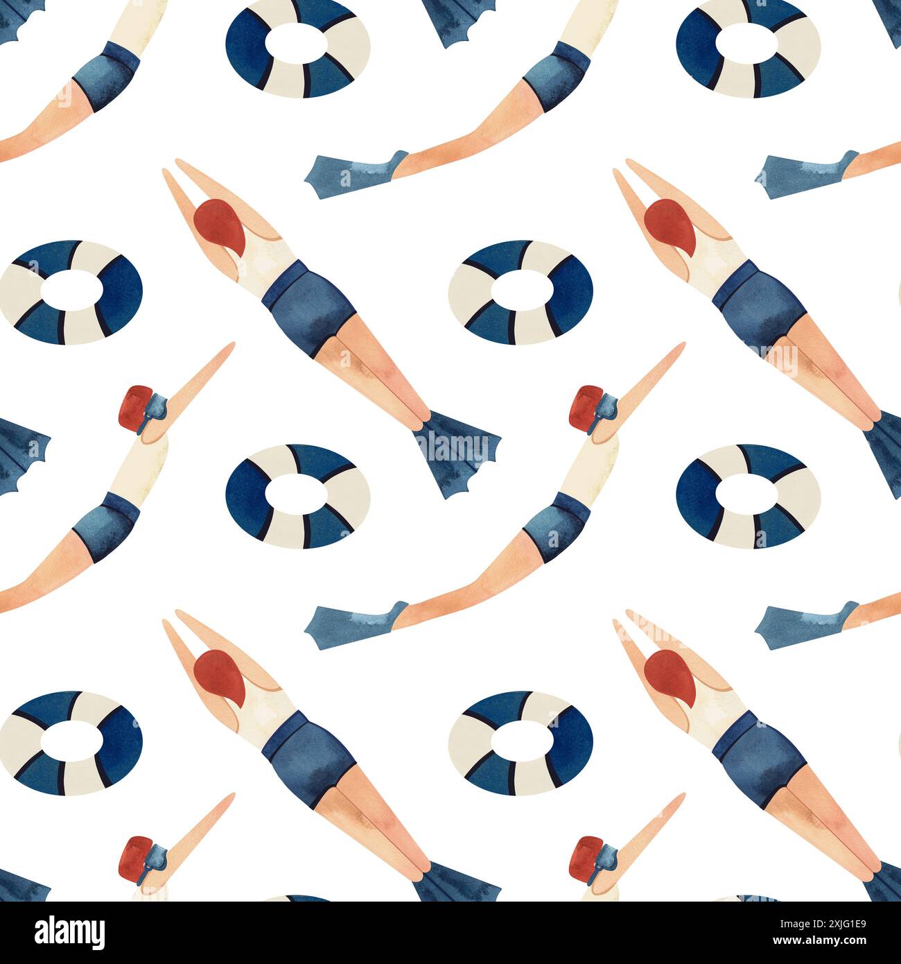 Seamless pattern with floating men in vintage style. Swimming ...
