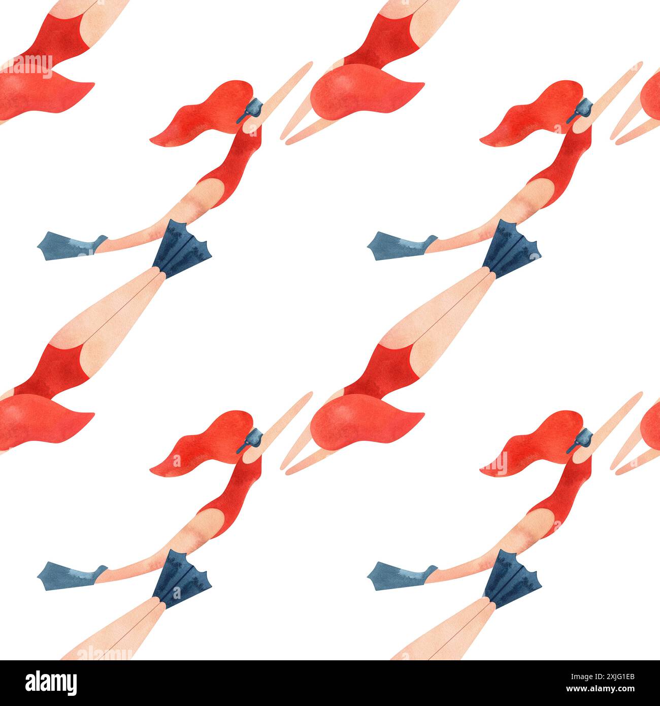 Seamless pattern with floating women in vintage style. Swimming ...