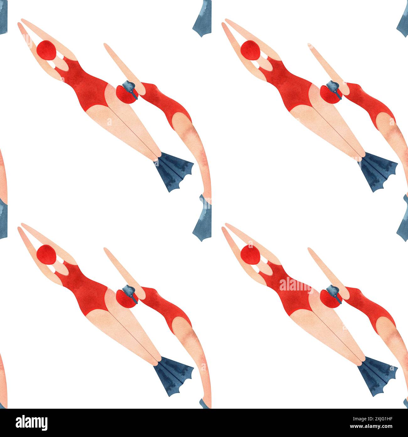 Seamless pattern with floating women in vintage style. Swimming ...