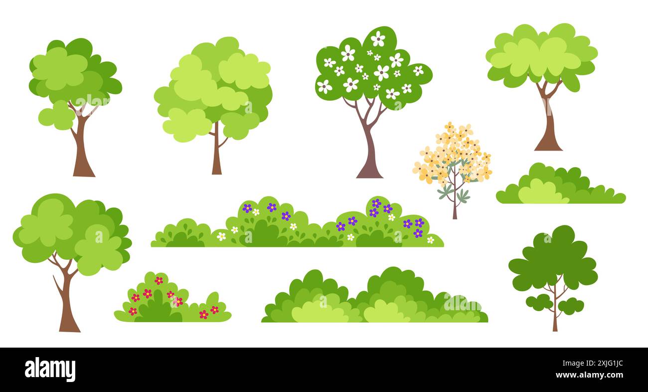 Spring time trees with flowers. Collection of forest trees and bushes ...