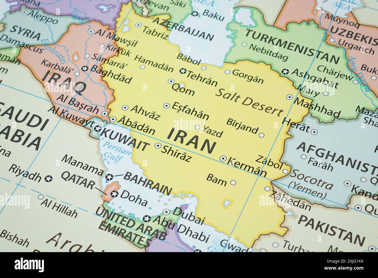 Close up to a Iran political map with country frontiers and most ...