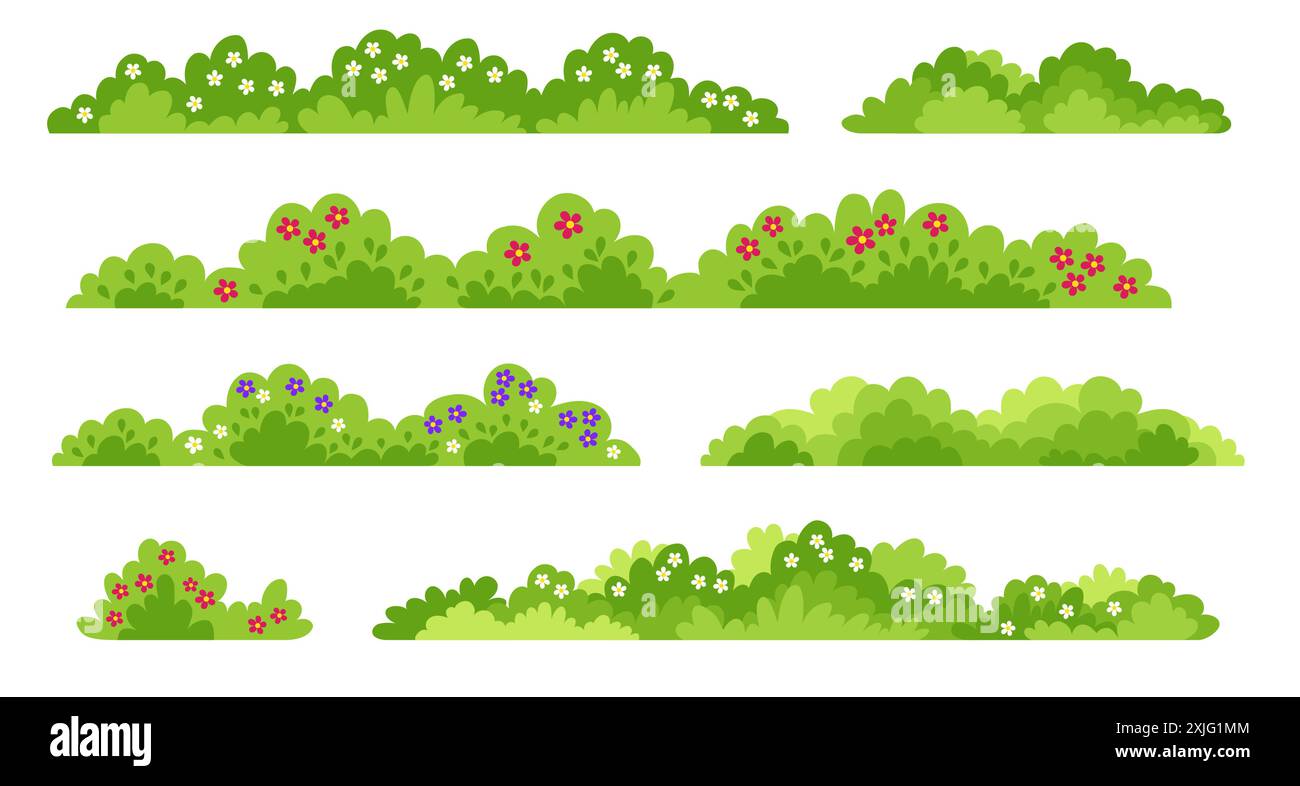 Green bushes with flowers. Cartoon forest and park shrubbery with ...