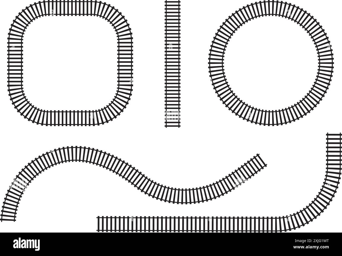 Set of railroad segments. Rail road elements top aerial view. Train track straight and waved ...