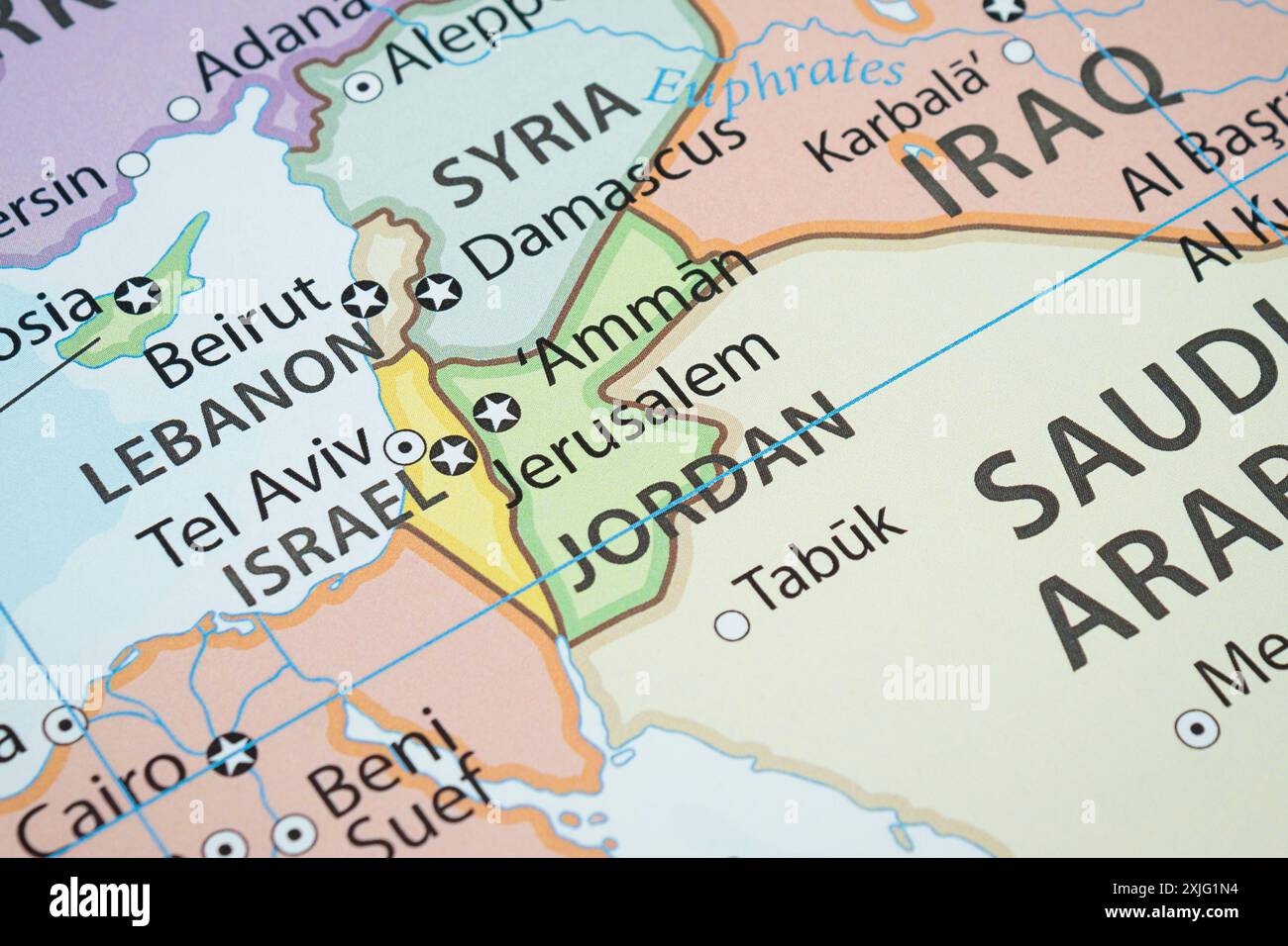 Close up to a Jordan political map with country frontiers and most ...
