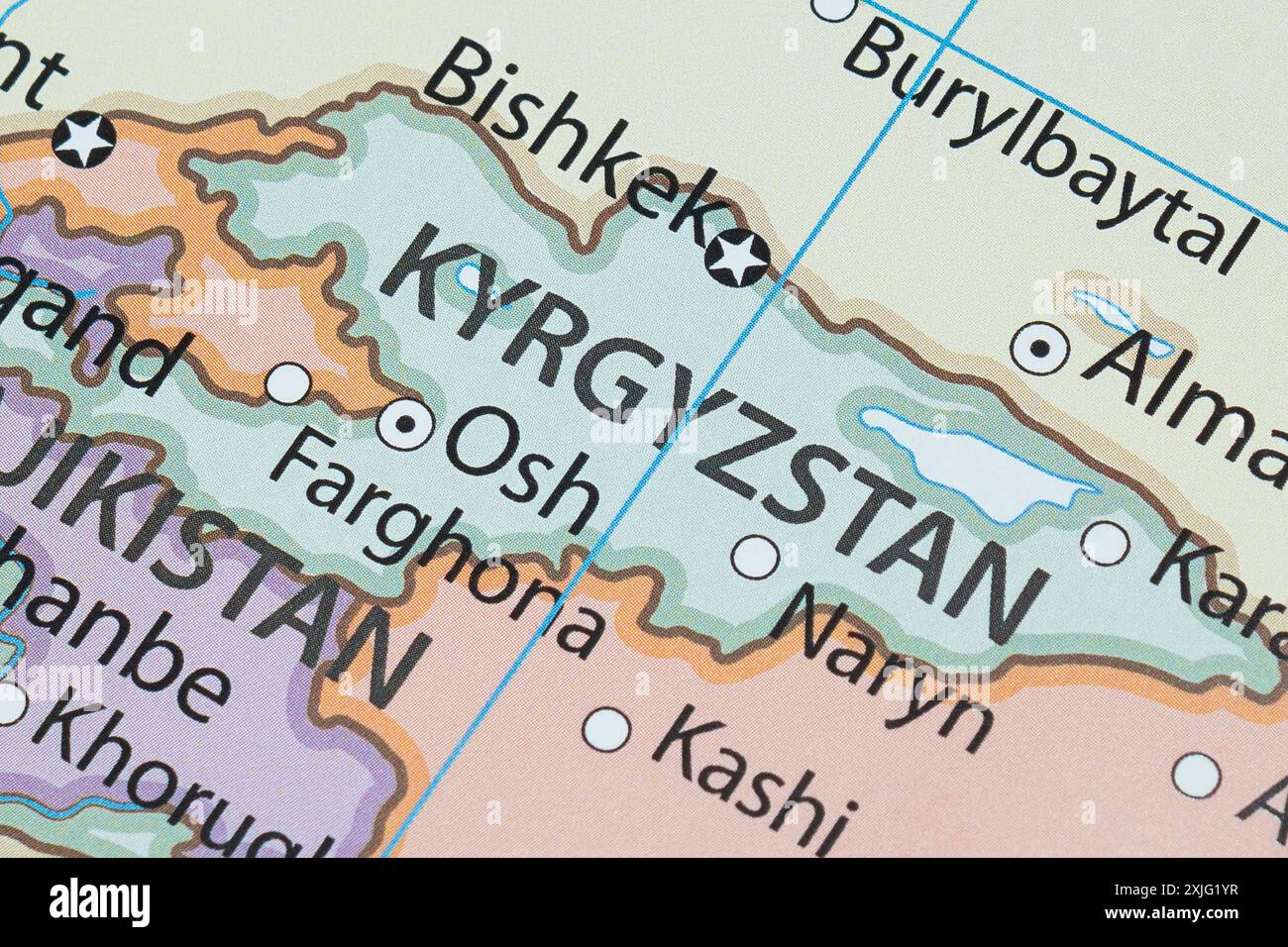 Close up to a Kyrgyztan political map with country frontiers and most ...