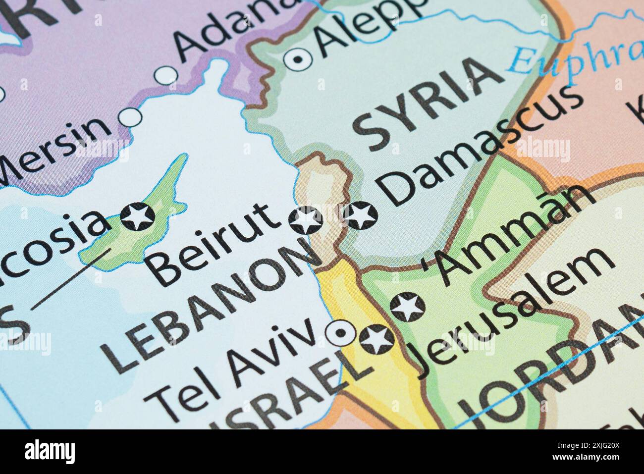Close up to a Lebanon political map with country frontiers and most ...