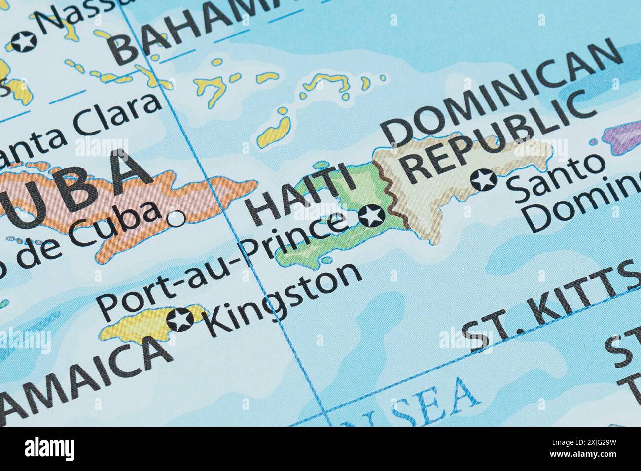 Close up to a Haiti political map with country frontiers and most ...