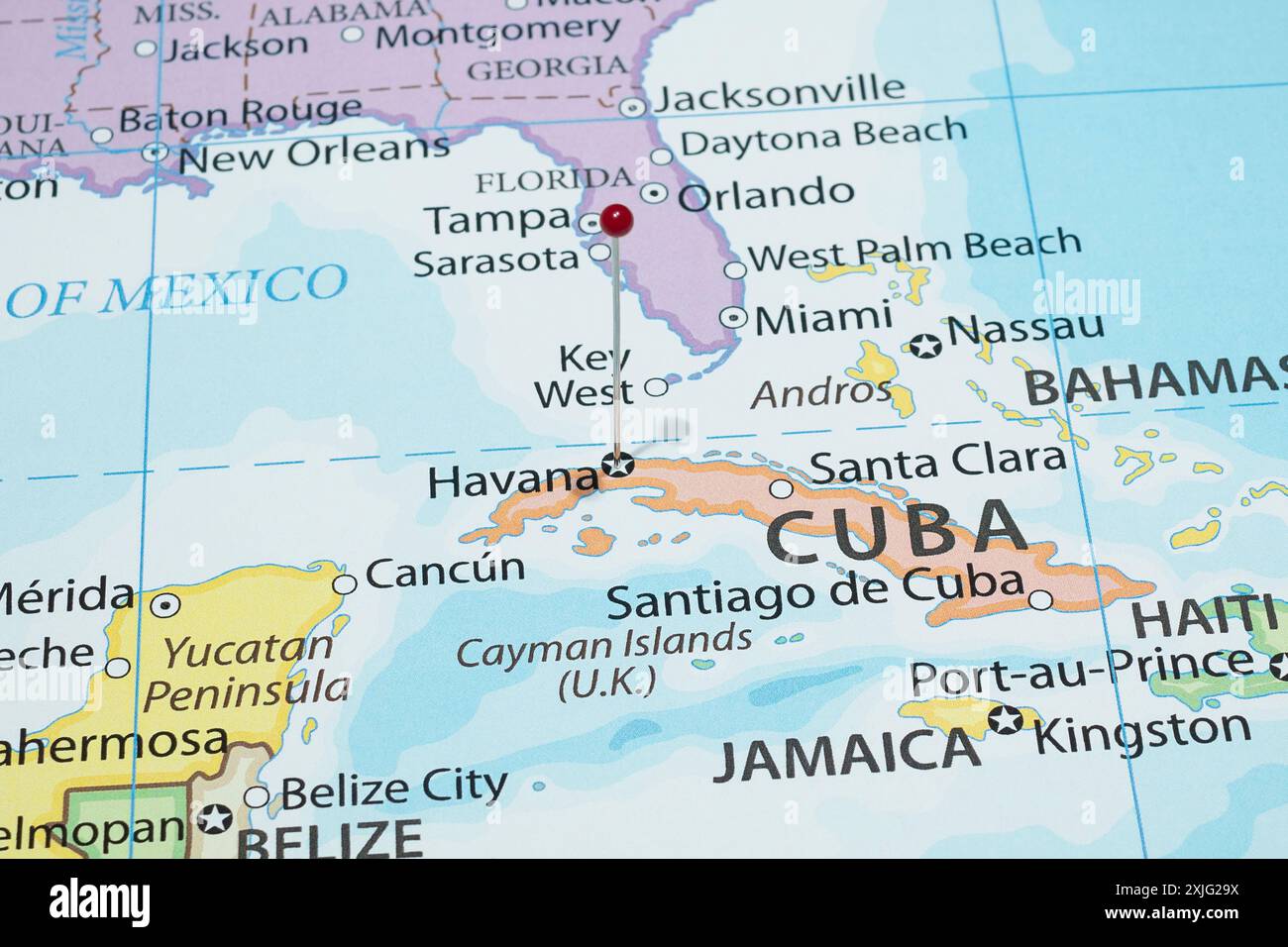 Macro photography of Havana city with a red pin needle into Cuba ...