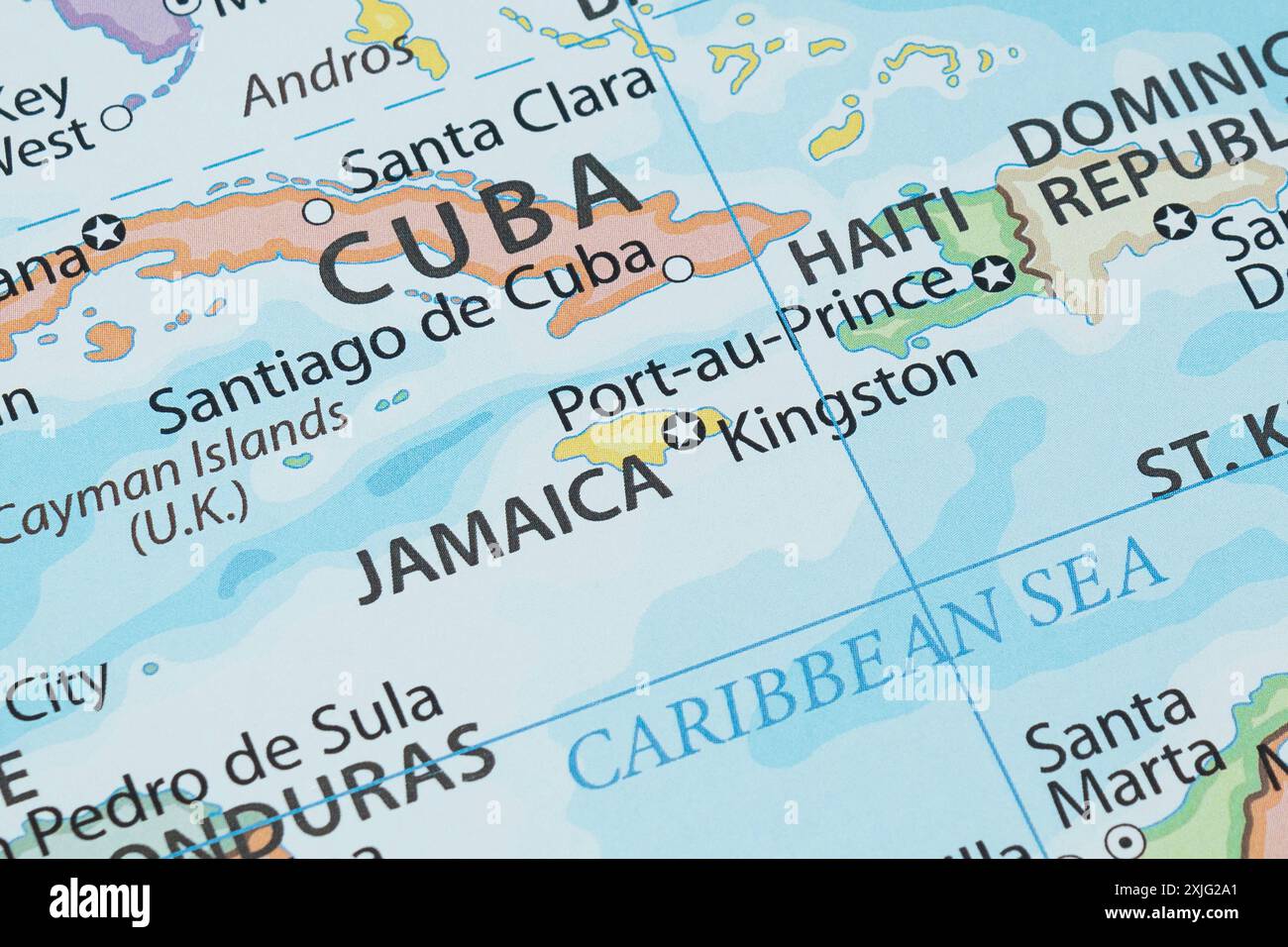 Close up to a Jamaica political map with country frontiers and most ...