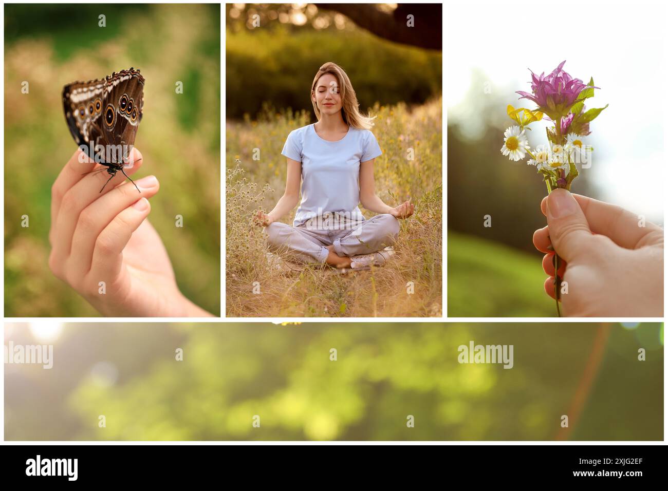 Collage with photos of spending time in nature. Slow living Stock Photo ...