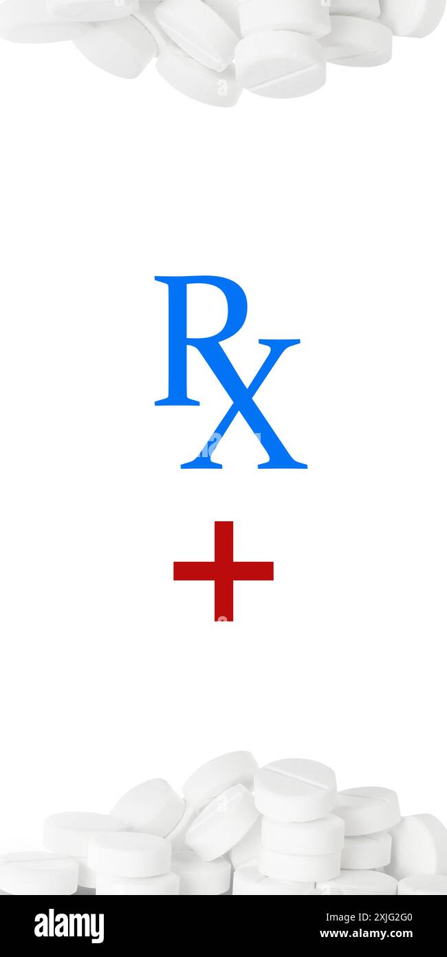 Medical prescription. Abbreviation RX and pills on white background ...