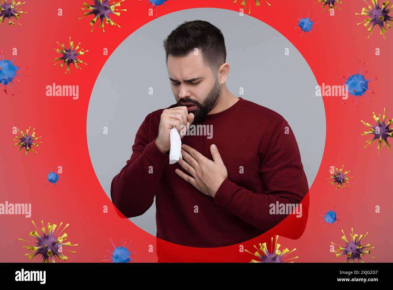 Young man coughing on color background. Immunity system fighting with ...