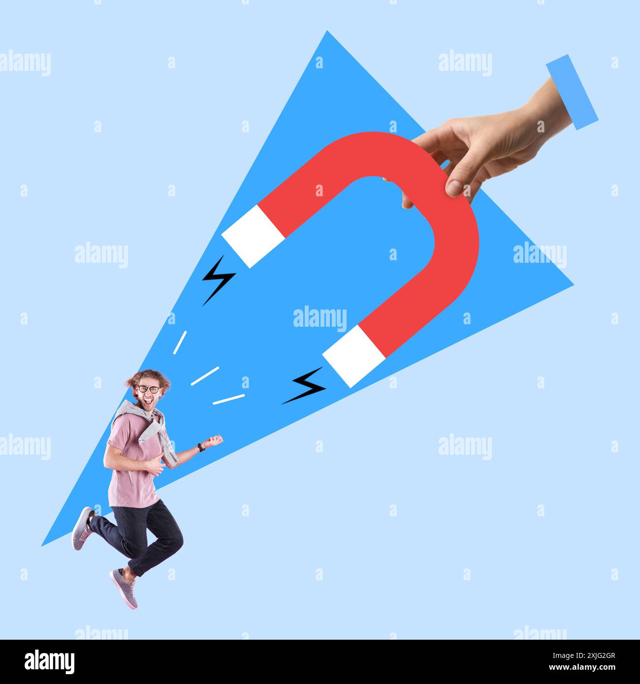 Woman attracting man with magnet on light blue background. Creative ...