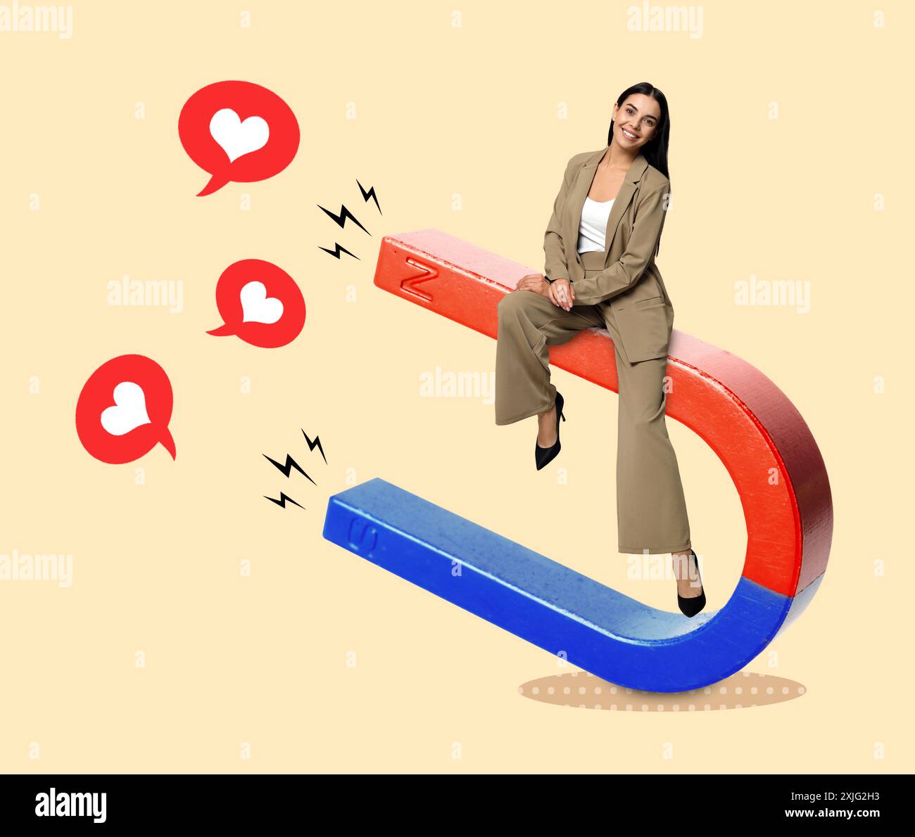 Woman sitting on big magnet against beige background. Speech bubbles ...