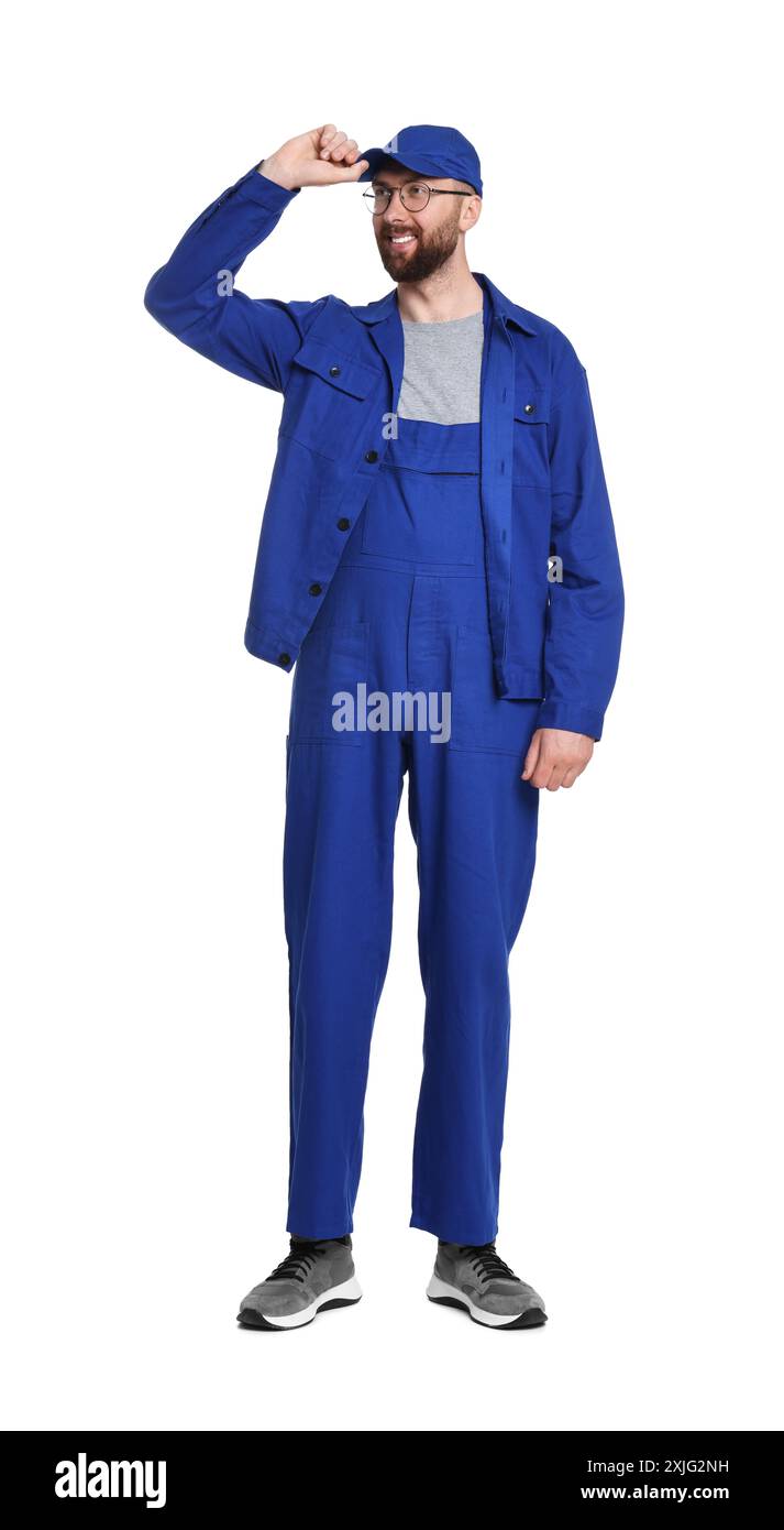 Professional auto mechanic in blue uniform on white background Stock ...
