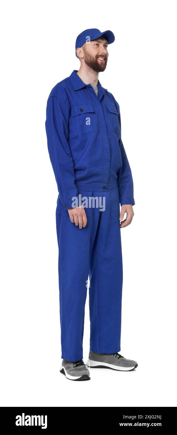 Professional auto mechanic in blue uniform on white background Stock ...