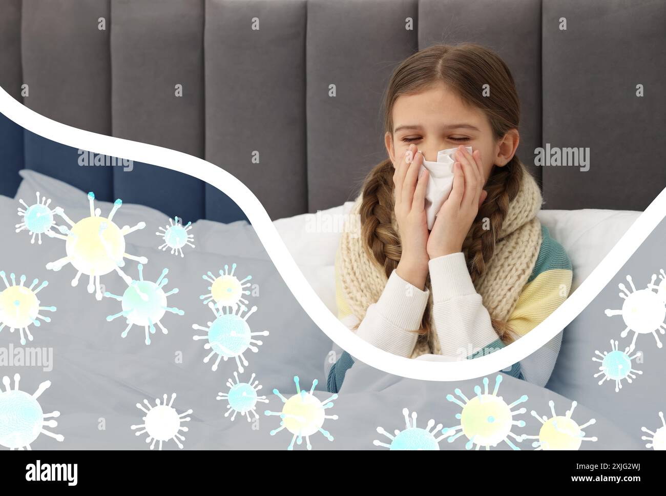 Little girl with tissue sneezing in bed. Immunity system fighting with ...