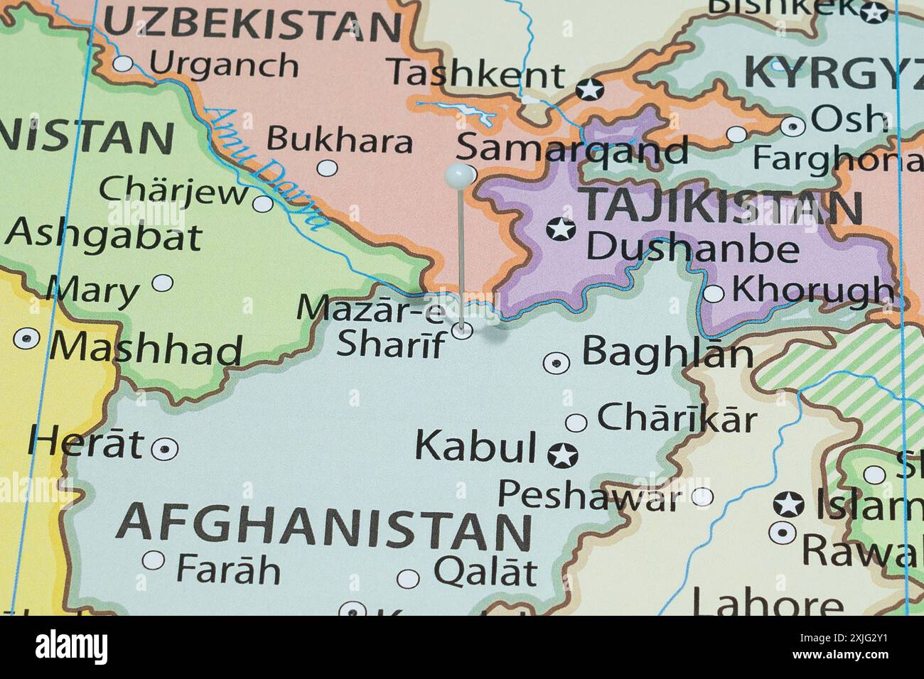 Close up to a Mazar i Sharif city with a white pin needle into ...